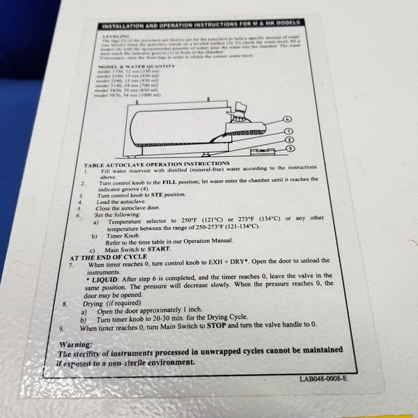 Tuttnauer Brinkmann 1730M Manual Autoclave Steam Sterilizer